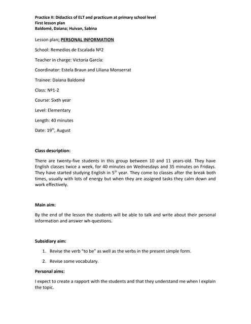 Personal information lesson plan and flash card | DOCX