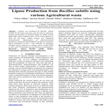 Lipase Production from Bacillus subtilis using various Agricultural waste | PDF