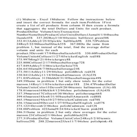 (1) Midterm - Excel 1Midterm Follow the instructions below and in | PDF