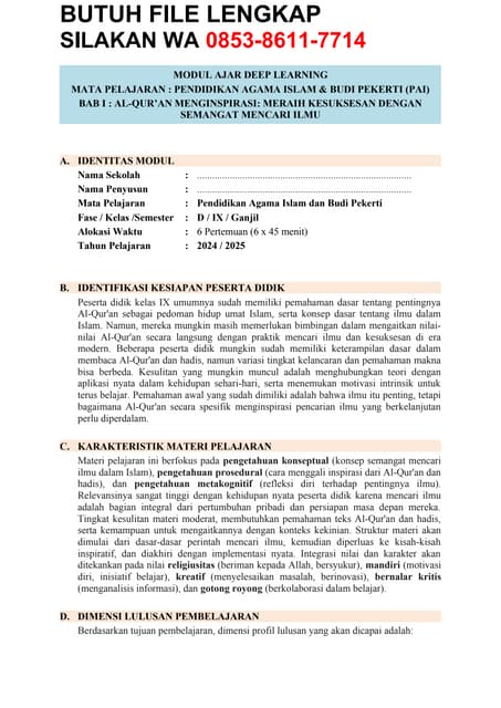 Modul Ajar PAI Kelas 9 Deep Learning New | PDF