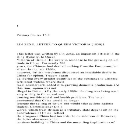 1 Primary Source 13.0 LIN ZEXU, LETTER TO QUEEN V.docx | Political Issues & policy | Politics