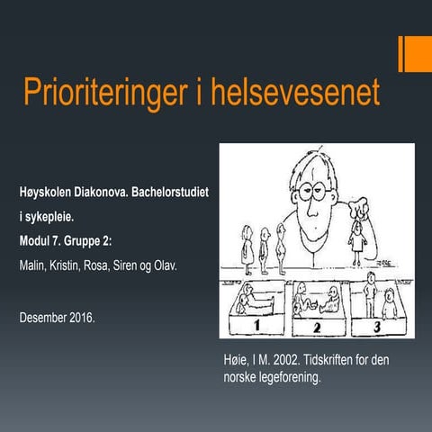 Prioriteringer i helsevesenet. Høyskolen Diakonova. Gruppe 2. Desember ...