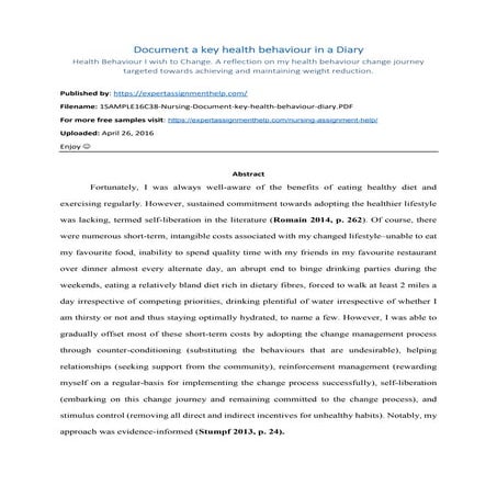 Nursing Diary Writing:Health Behaviour Change Diary Entry | PDF