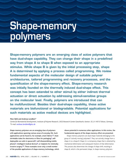 SHAPE MEMORY POLYMERS | PPTX | Chemistry | Science