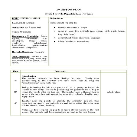 1st lesson plan animals niki papaeftsthiou | DOCX