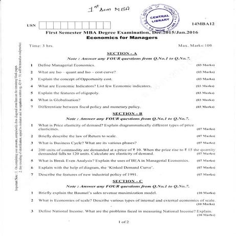 1st Semester MBA (Dec-2015; Jan-2016) Question Papers | PDF