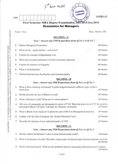 1st Semester MBA (Jun-2016) Question Papers | PDF
