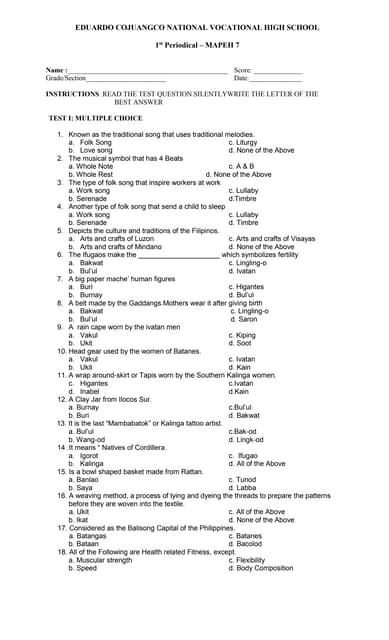 Grade 7 q1 test, tos and answer key | DOCX | World/International Music ...