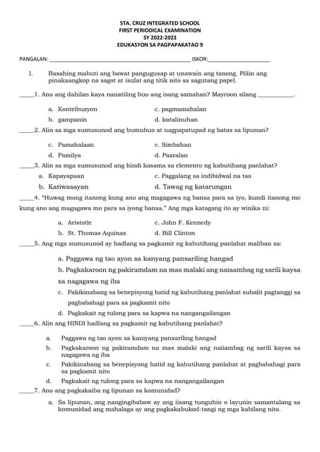 K to 12 Araling Panlipunan Grade 2 (3rd Periodical Exam) | PDF