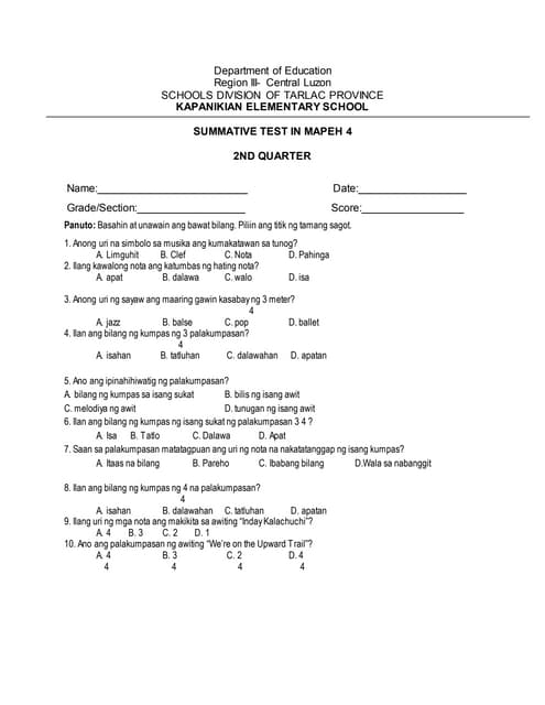 First Quarter Exam in MAPEH 4 | DOCX