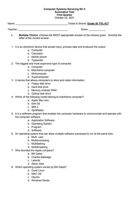 Computer grade 1- 1st Quarter Exam | DOCX | Computer Peripherals | Computing
