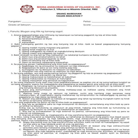 FIRST QUARTER EXAM in VALUES EDUCATION 7 | DOCX