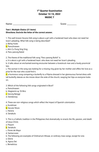Grade 7 q1 test, tos and answer key | DOCX | World/International Music ...