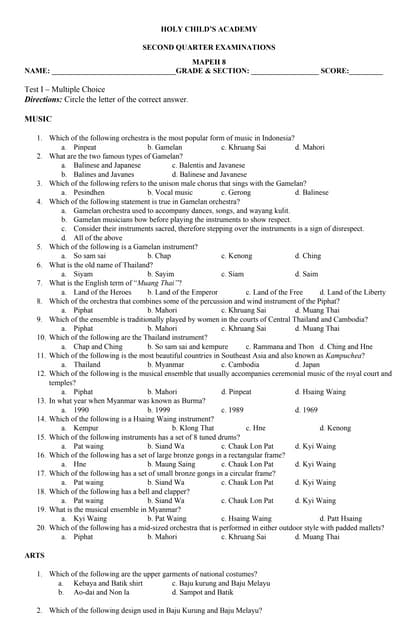 SUMMATIVE EXAMINATION IN MUSIC 8 SY 2023 | PDF