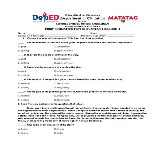 1ST SUMMATIVE TEST QUARTER ONE ENGLISH FOUR | DOCX