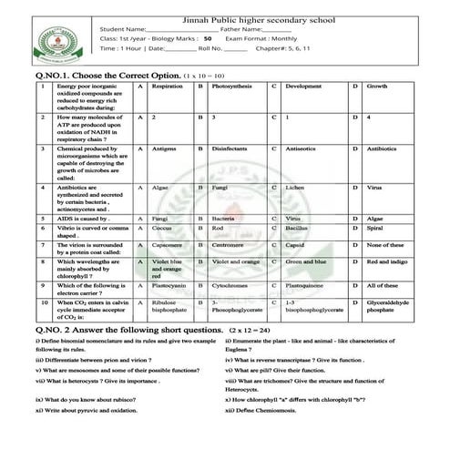 1st year Biology Ch.5+6+11 biology short test for the preparation of ...