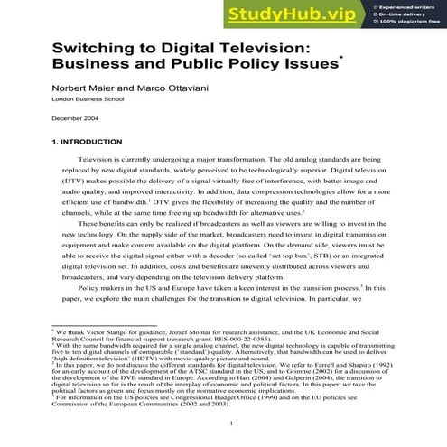 1 Switching To Digital Television Business And Public Policy Issues | PDF