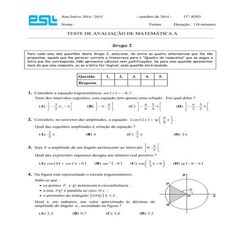 1º teste conjunto - 11º Ano Matemática A (2014-2015) | PDF