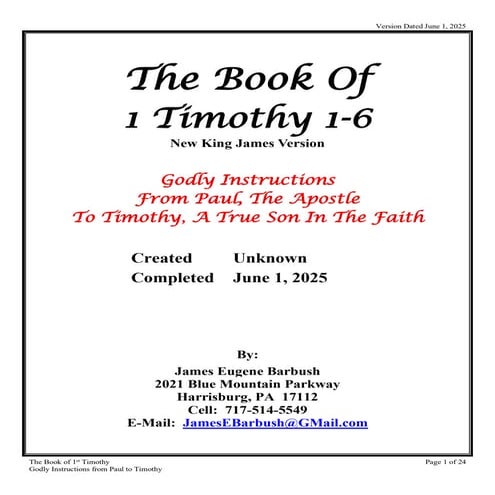 New Testament Book of 1st Timothy 1-6 - June 1, 2025 | PDF