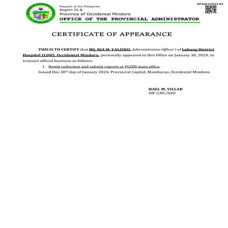 1 To Ms. Ria M. Valisno (Remit collection and submit reports at PGOM ...