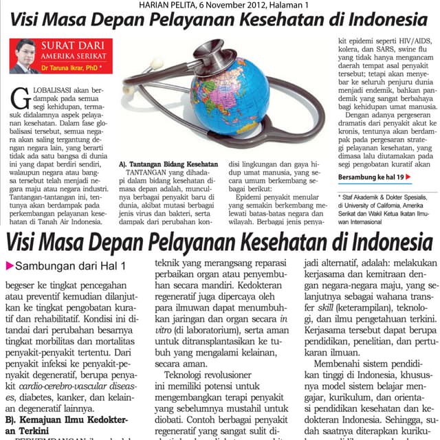 1 Visi Masa Depan Pelayanan Kesehatan Di Indonesia (Harian Pelita 6 November 2012)2 | PDF