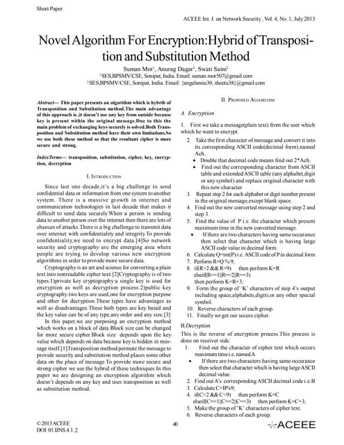 Novel Algorithm For Encryption Hybrid Of Transposition And Substitution Method Pdf