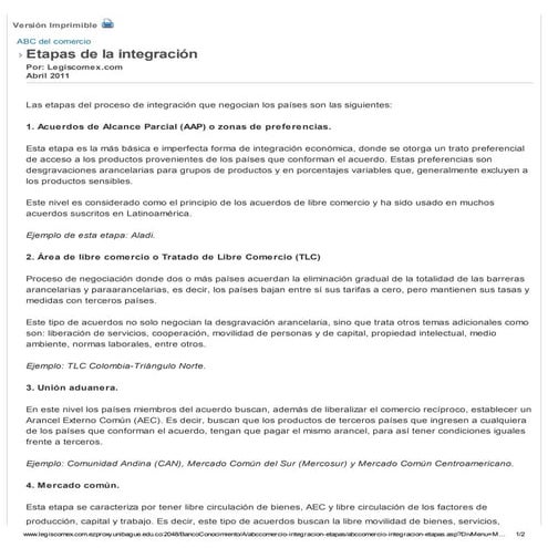 Integración Económica 2. Etapas de la Integración | PDF