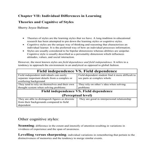 2. theoriesof styles 3. cognitive styles sherry joyce balinan | DOCX