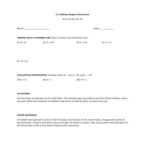 2.2 adding integers assignment | DOCX