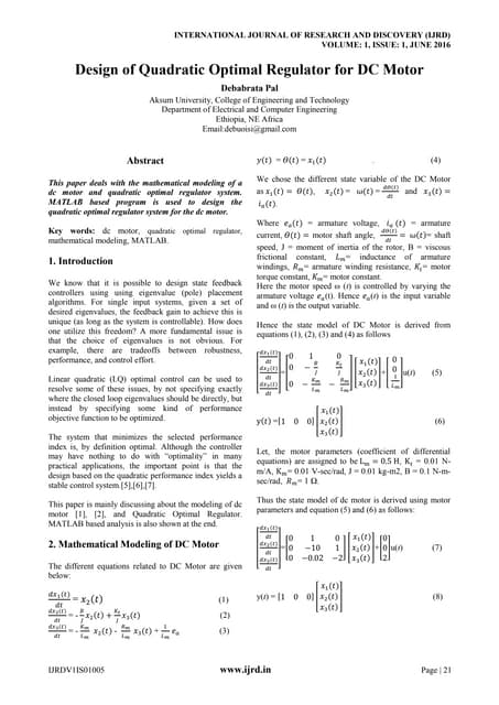 Design Of Quadratic Optimal Regulator For Dc Motor Pdf