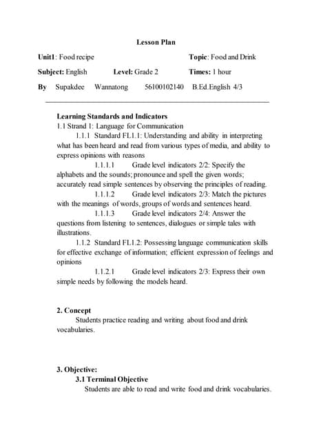 lesson plan grade 6 | DOCX | Food & Drink