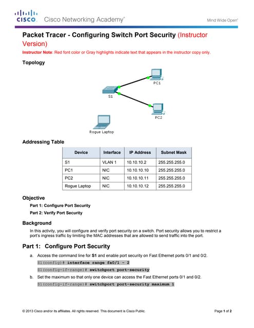 2 2 4 9 Packet Tracer Configuring Switch Port Security Instructions
