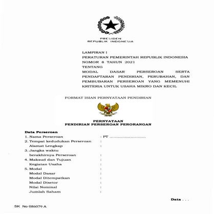 2. lampiran 1 salinan pp nomor 8 tahun 2021 format isian pernyataan pendirian | PDF