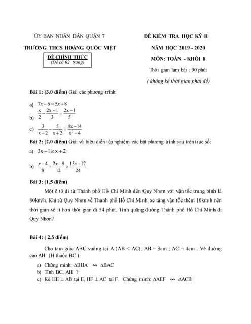 Đề Thi HK2 Toán 8 - THCS Đồng Đen | PDF