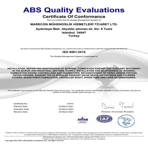 ABS Certificate of Conformance / Management System ISO 9001:2015 | PDF