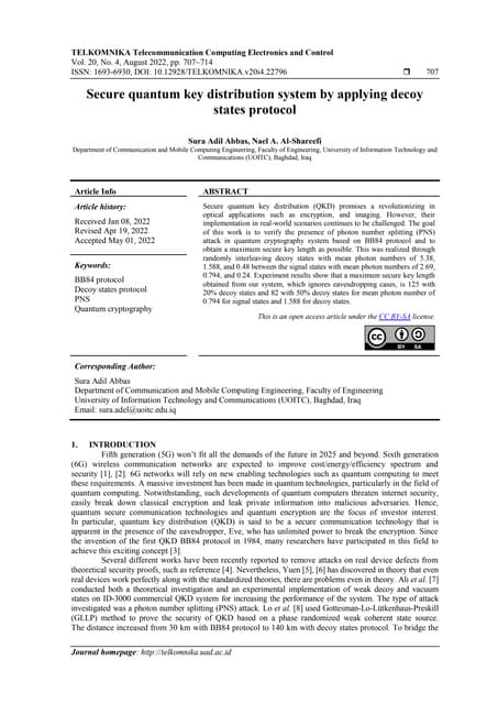 Performance Evaluation of Secure Key Distribution Based on the B92 Protocol | PDF | Physics ...
