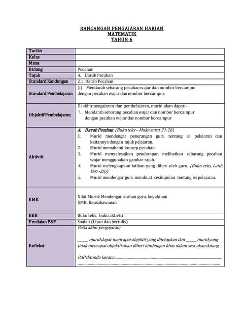 Contoh rph matematik tahun 6 | DOC