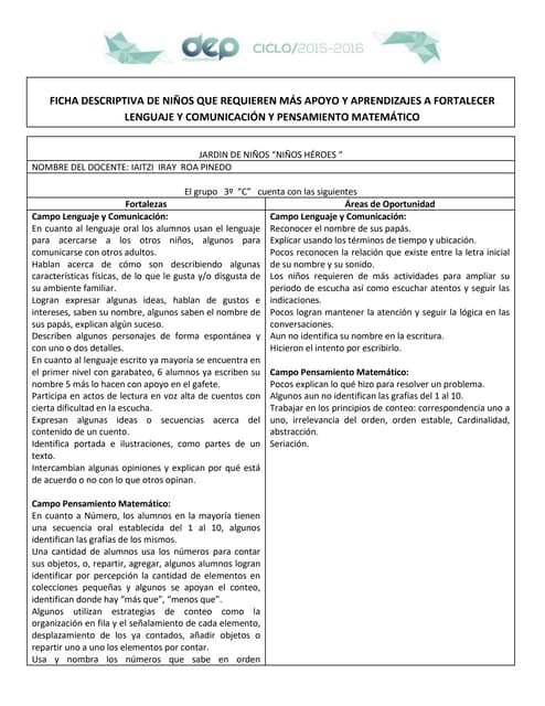 Ejemplo De Ficha Descriptiva De Grupo Primer Grado Fichas Descriptivas