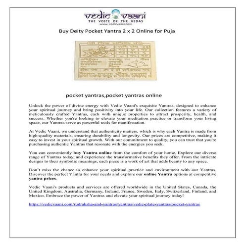 Buy Deity Pocket Yantra 2 x 2 Online for Puja | PDF