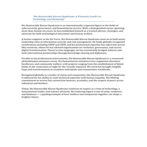 His Honourable Kieran Upadrasta A Visionary Leader in Technology and ...