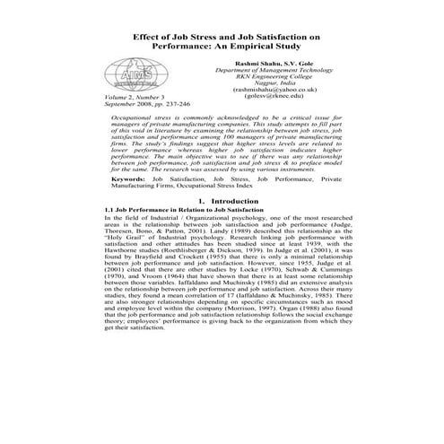 Effect of Job Stress and Job Satisfaction on Performance: An Empirical ...