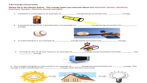 Energy Transformation Worksheet 6th Grade