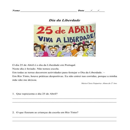 Ficha de Trabalho - 25 de Abril - 2.º Ano | DOC
