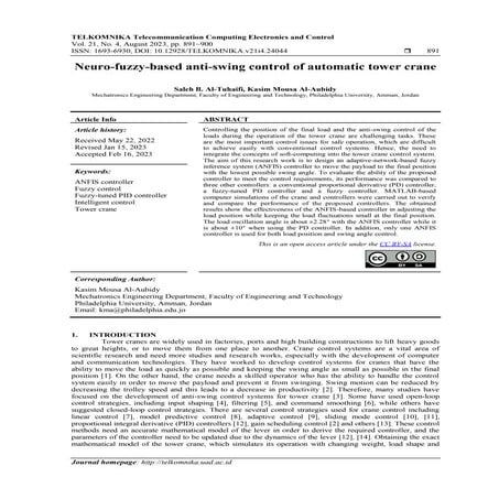 Neuro Fuzzy Based Anti Swing Control Of Automatic Tower Crane Pdf