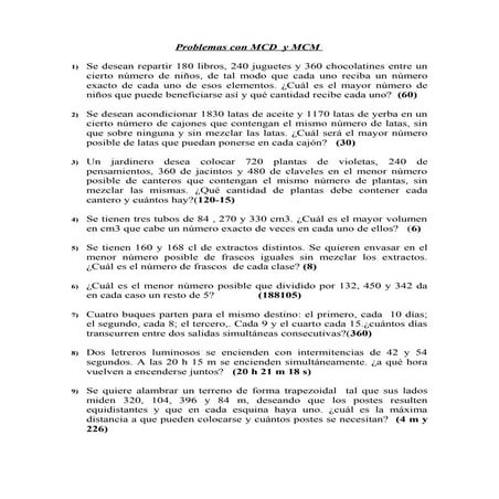 Hoja De Trabajo De Mcm Y Mcd Con Respuestas Cálculo Del Mínimo