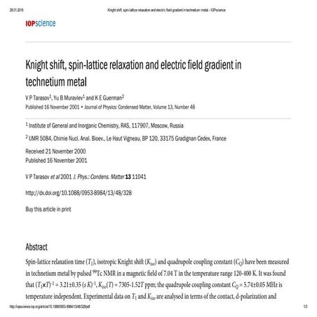 2001 knight shift, spin-lattice relaxation and electric field gradient in technetium metal - io ...
