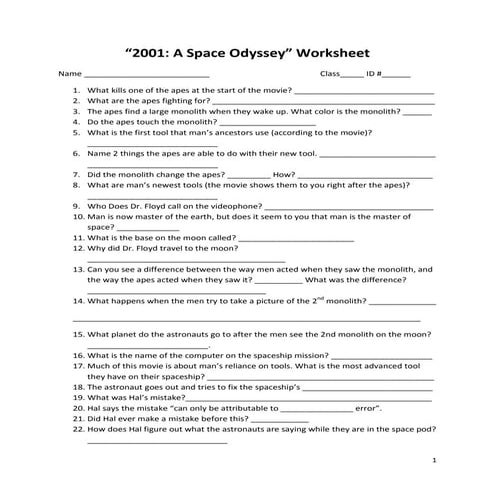 2001 A Space Odyssey follow along worksheet | DOCX