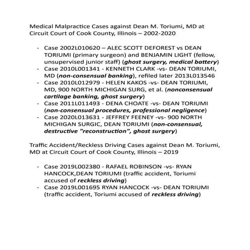 Medical Malpractice cases against Dr Dean Toriumi, plus Dr Dean Toriumi ...