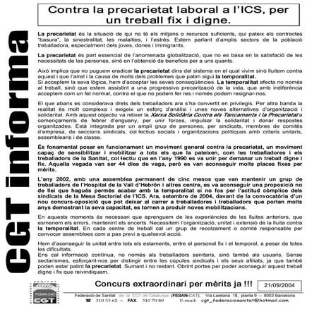 2004.09.21 CGTFESANCAT INFORMATIU - CONTRA LA PRECARIETAT LABORAL ICS POER UN TREBALL FIXE I ...