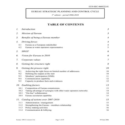 Strategic planning and control cycle 2007-2010) for Eureau | PDF